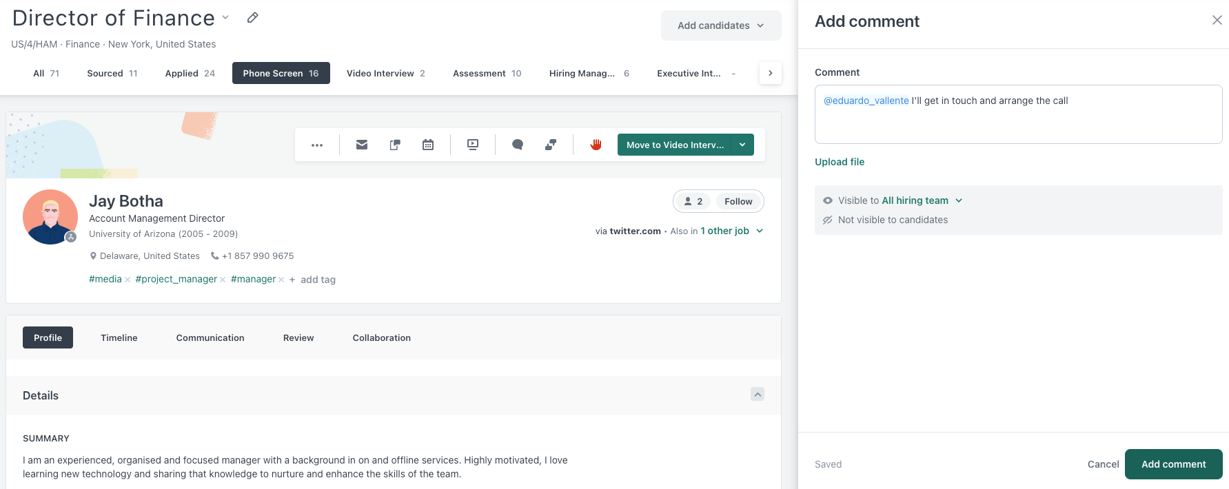 Candidate profile in Pipeline View overview – Workable Support